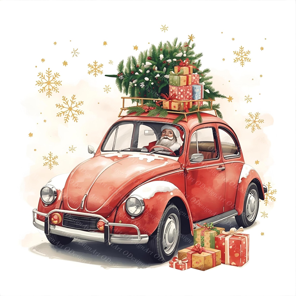 10 Christmas Car Clipart, Watercolor Vintage Holiday Cars With Tree ...