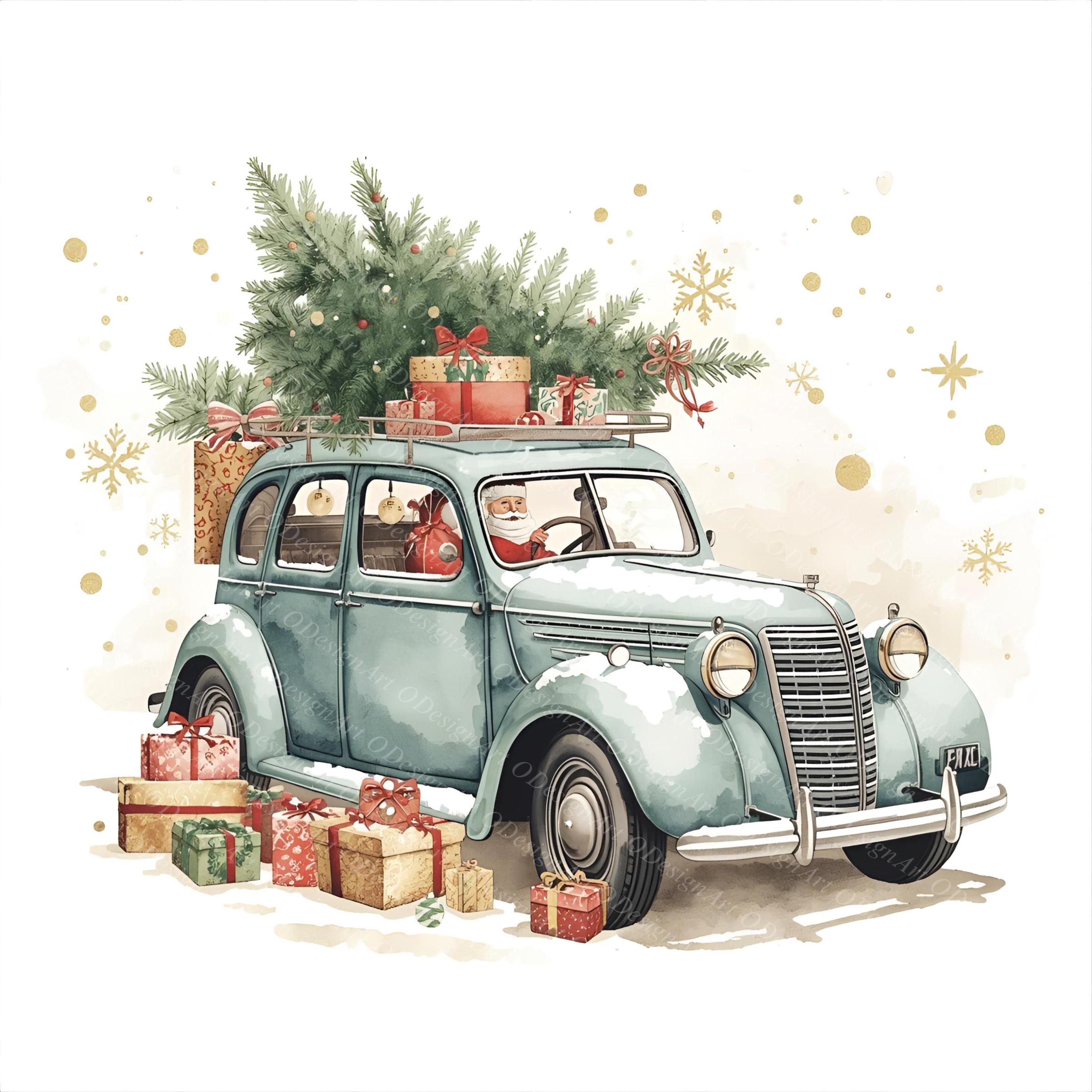10 Christmas Car Clipart, Watercolor Vintage Holiday Cars With Tree ...
