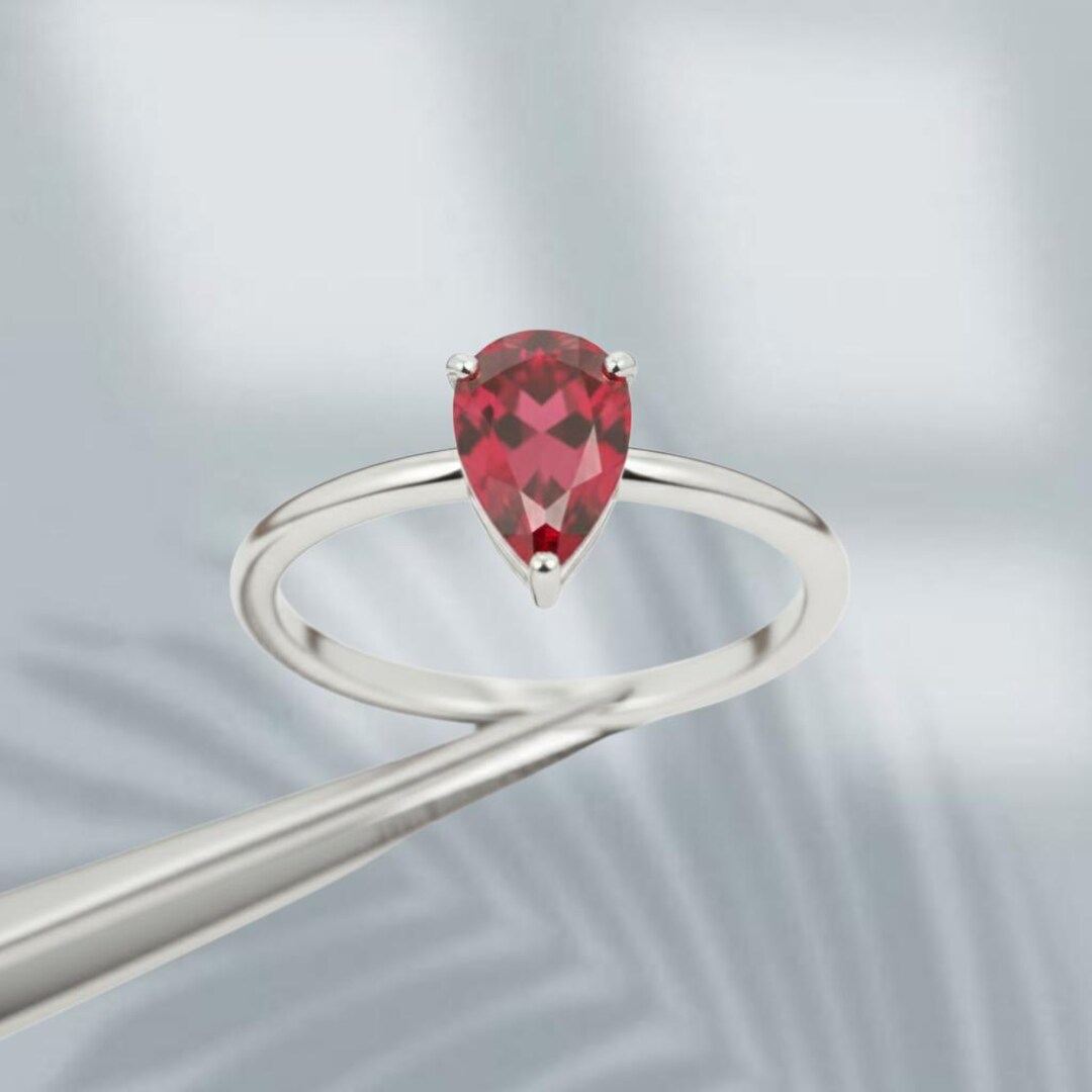 Pear Cut Red Ruby Silver Ring Lab Created Ruby Minimalist Solitaire ...