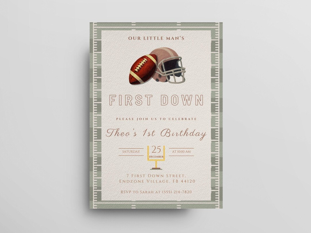 First Down Football 1st Birthday Invitation, Editable Template (digital ...