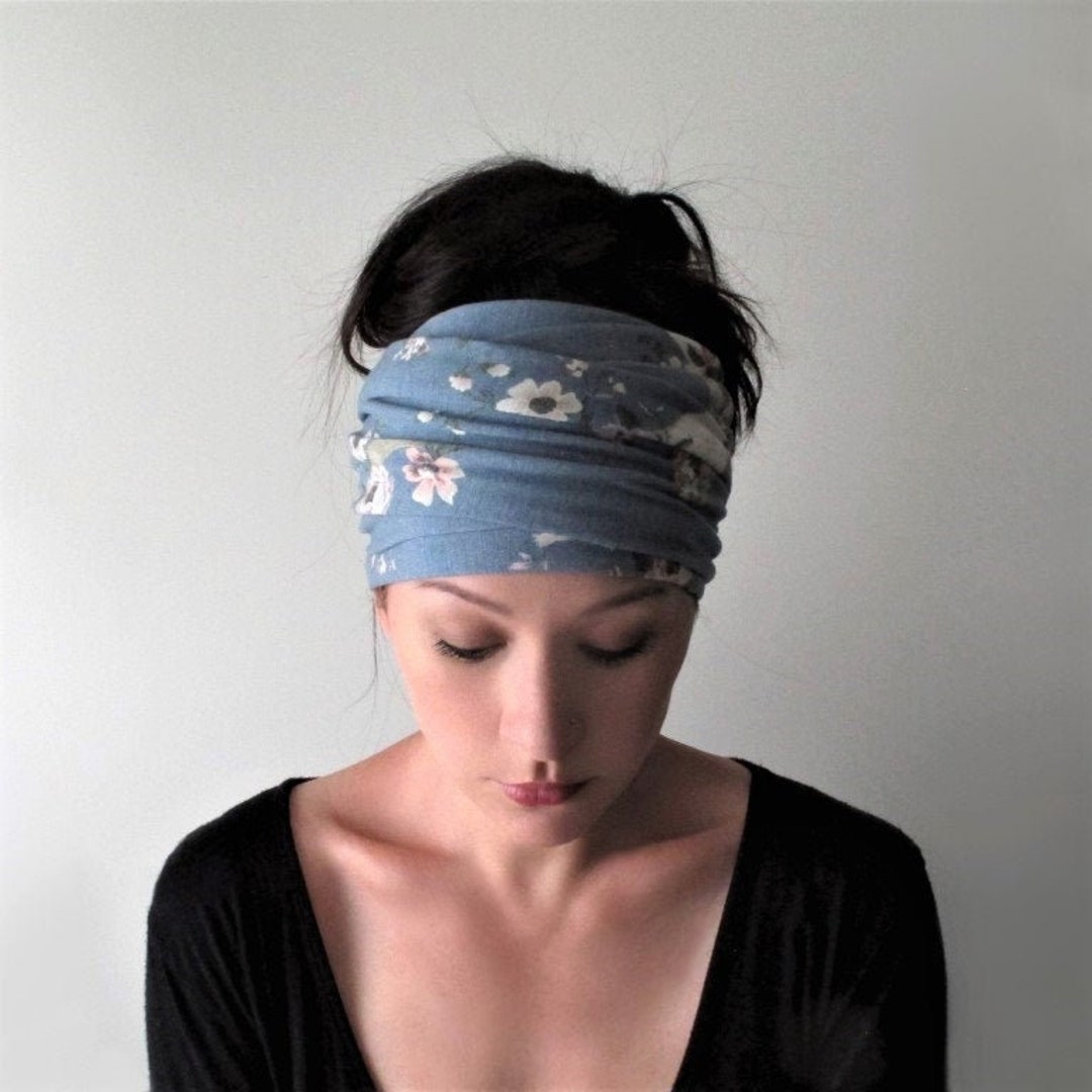 SOUTHWESTERN FLORAL Headscarf, Ecoshag Extra Wide Blue Floral Head Wrap ...