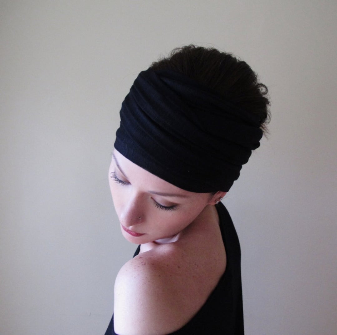 BLACK Extra Wide Headband Scarf, Soft Jersey Headwrap, Long Head Scarf ...