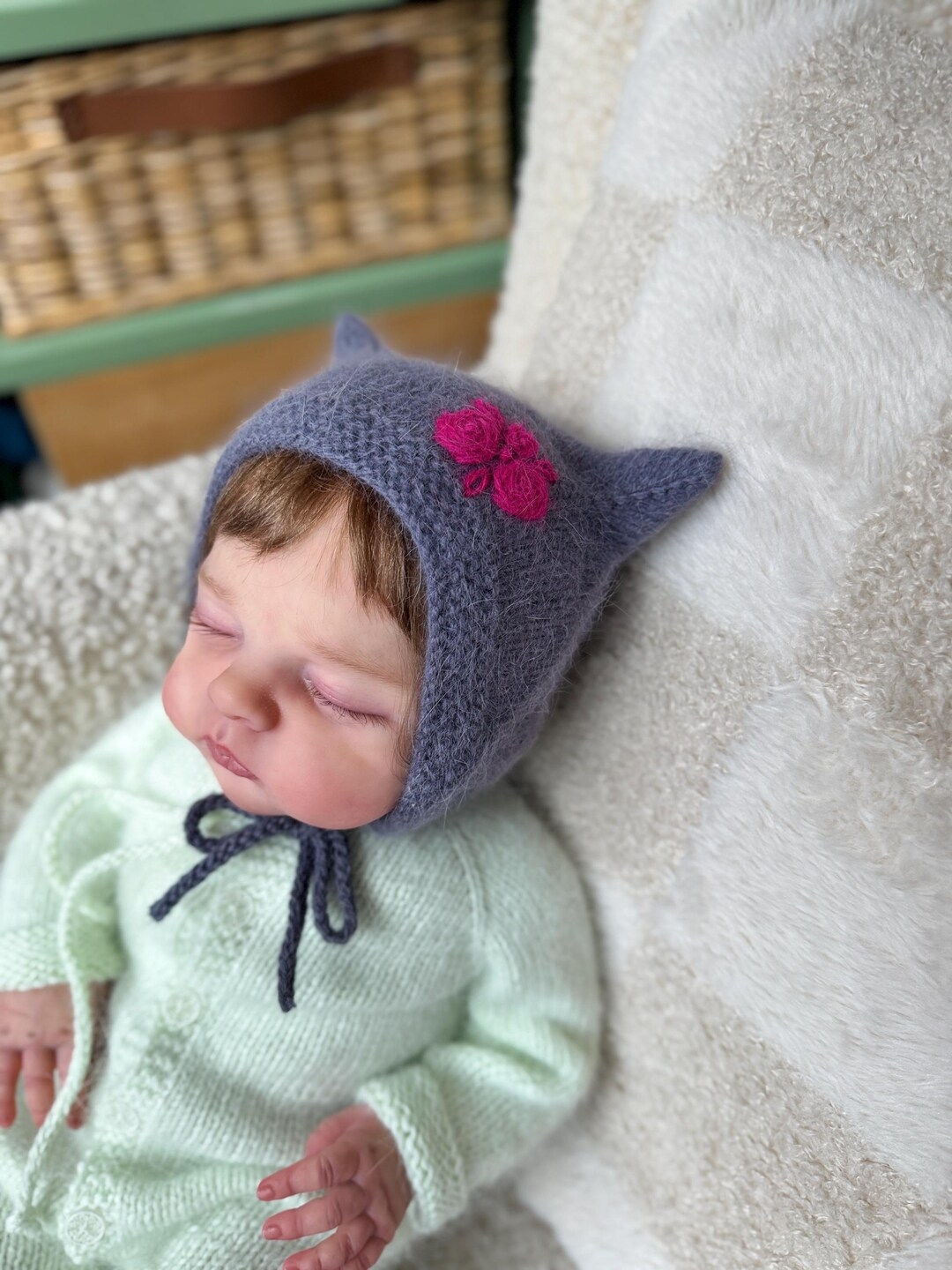 Knitted Kitten Bonnet for 18-19 Inches Reborn Baby Doll, Angora Mohair ...