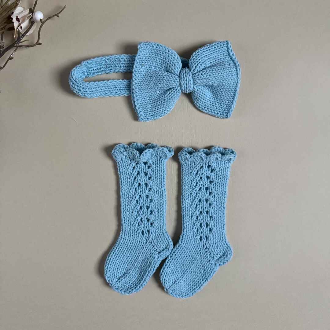 Hand Knitted Baby Blue Reborn Doll Outfit, Lace Socks, Bow Headband - Etsy