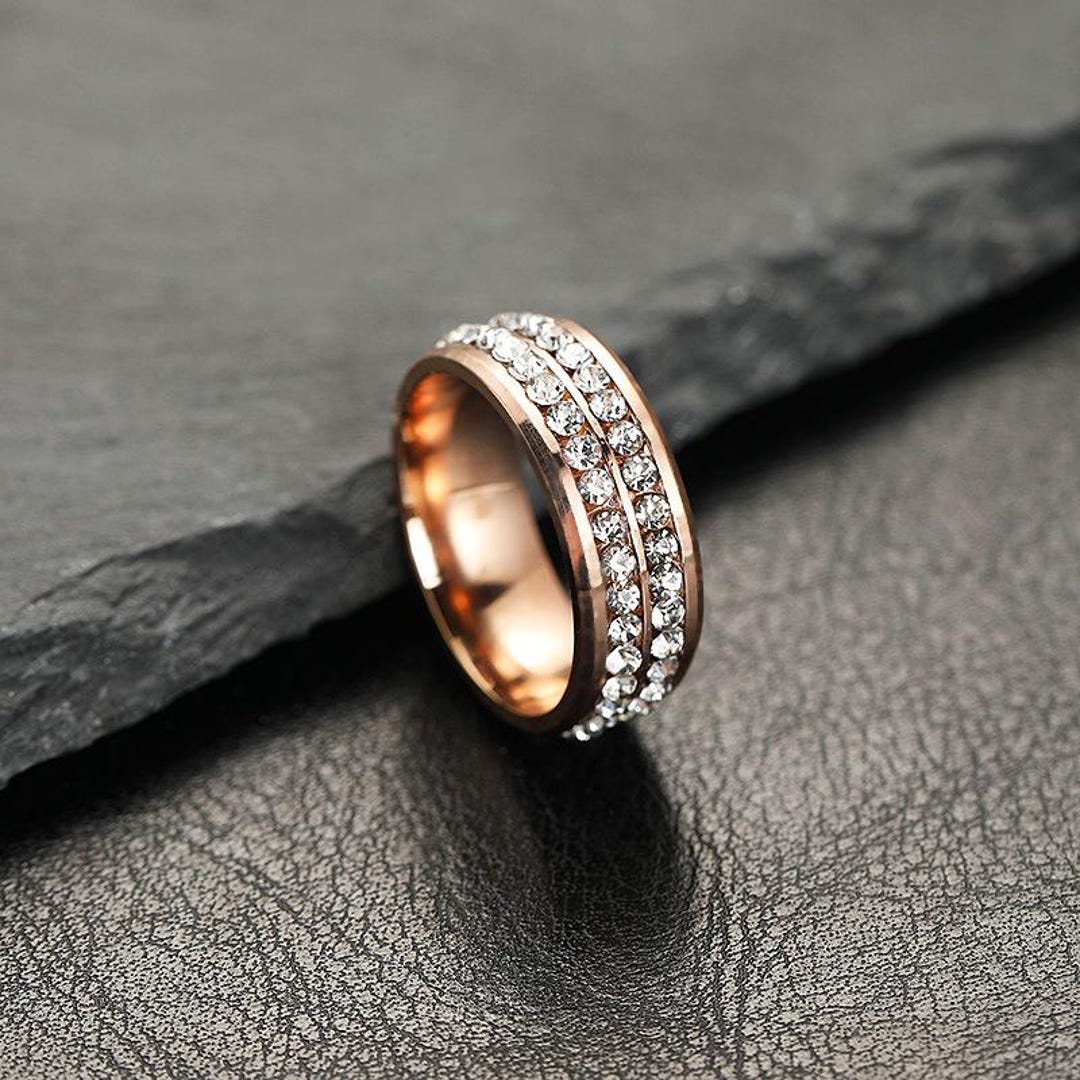 Titanium Steel Couple Ring: Double Row Diamond Inlaid, Unisex Jewelry ...