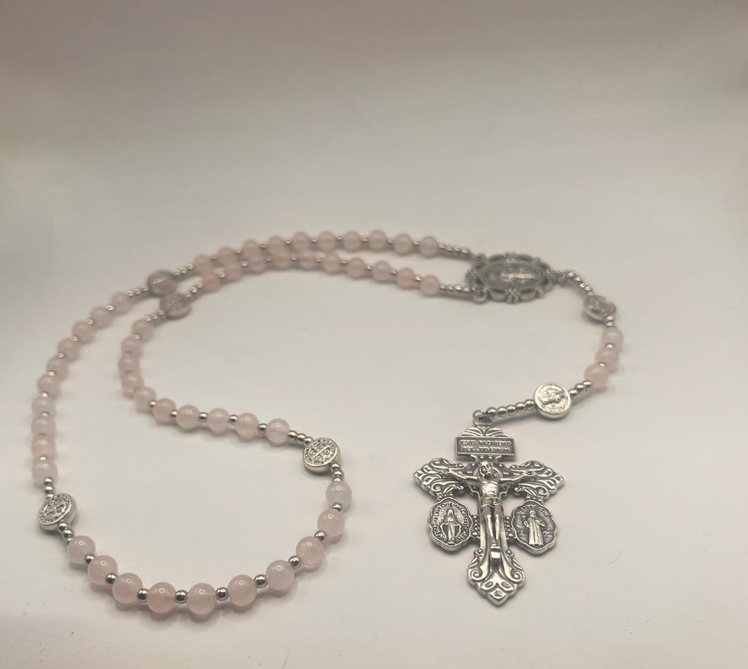 Rose Quartz Pink Gemstone Saint Benedict Silver Finish Rosary - Etsy