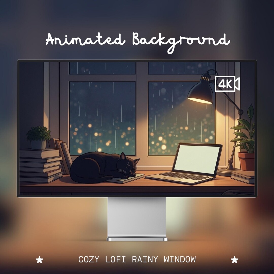 4K Animated Cozy Rainy Window Background With Sleeping Cat for Twitch ...