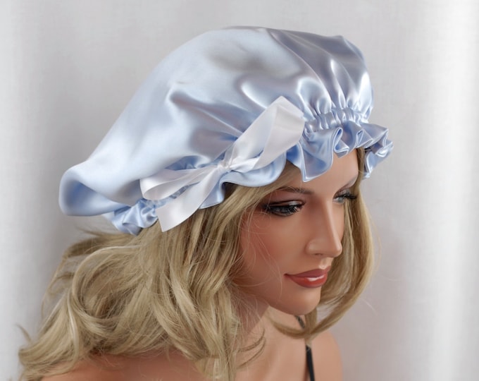 Silk Sleep Bonnet, Light Blue Charmeuse, Fully Adjustable Bow ...