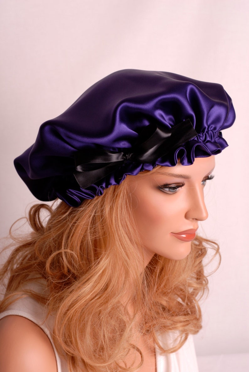 Silk Sleep Bonnet, Deep Purple Charmeuse, Fully Adjustable Bow ...