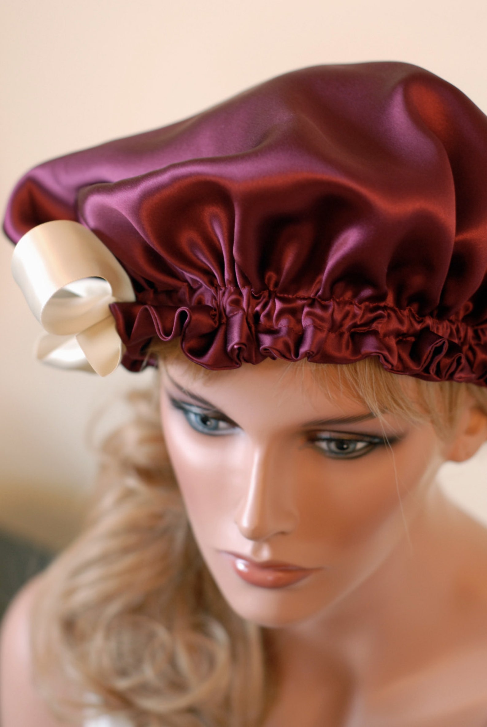 100% Pure Silk Sleep Bonnet Sleep Cap, Wine Charmeuse Silk, Adjustable ...