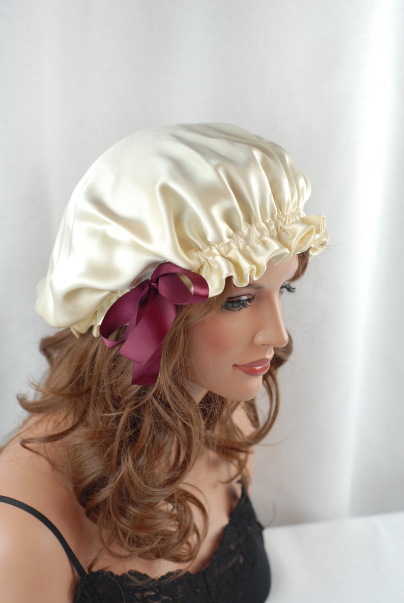 Silk Sleep Bonnet, Warm Ivory Charmeuse, Fully Adjustable Bow ...