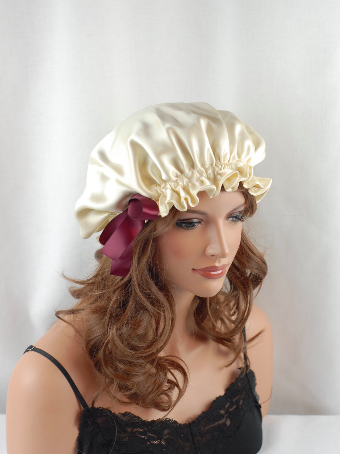 Silk Sleep Bonnet, Warm Ivory Charmeuse, Fully Adjustable Bow ...