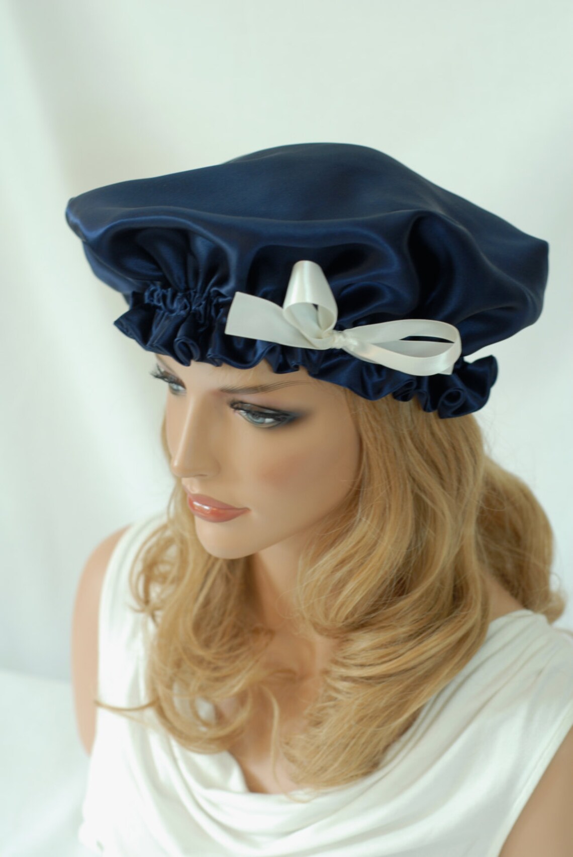 Silk Sleep Bonnet, Navy Blue Charmeuse, Fully Adjustable Bow Drawstring ...