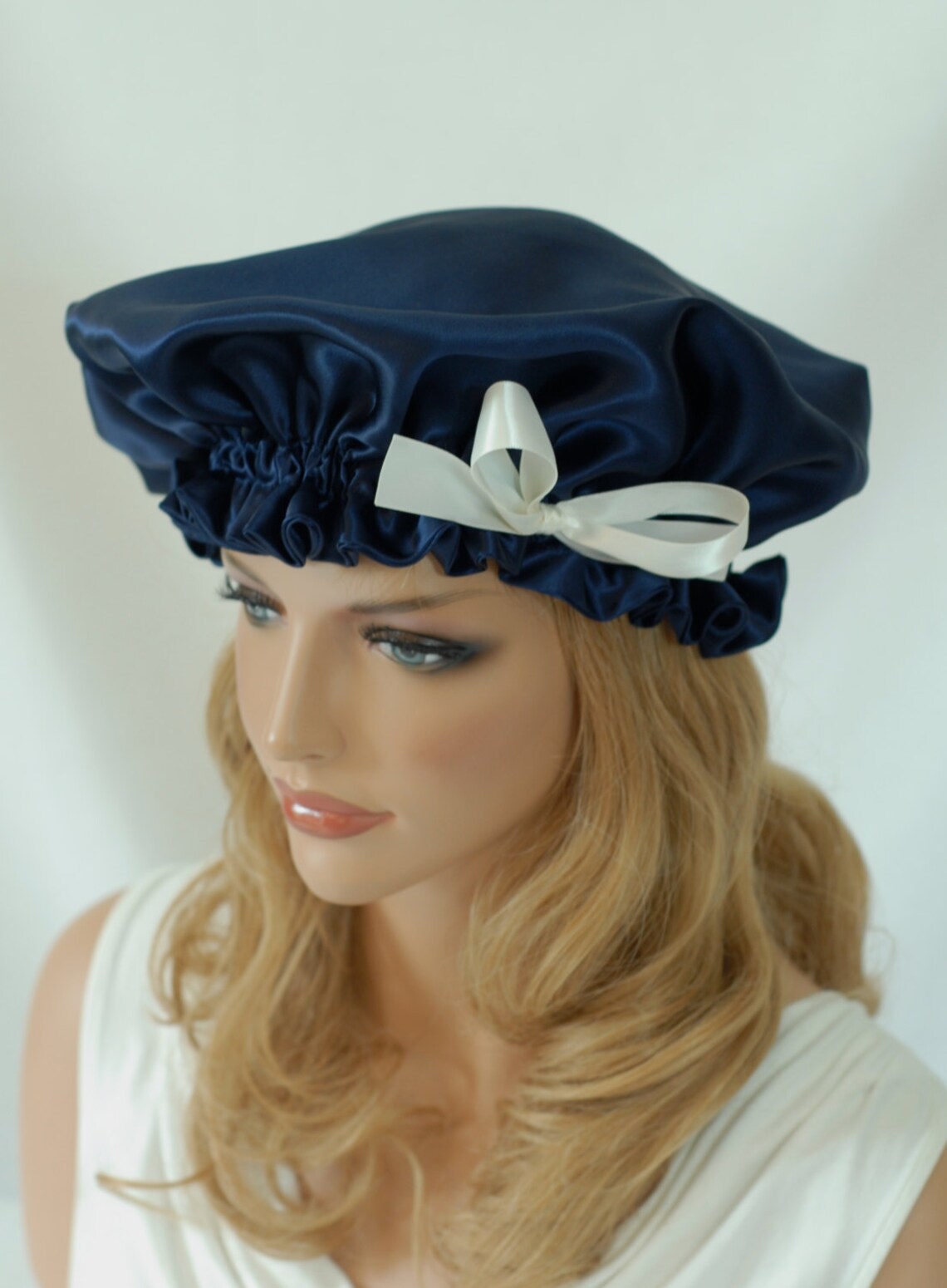Silk Sleep Bonnet, Navy Blue Charmeuse, Fully Adjustable Bow Drawstring ...