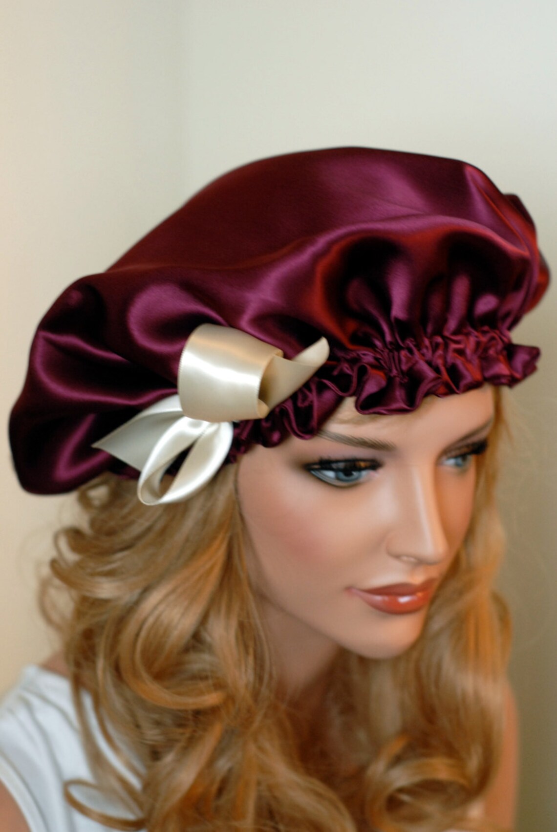 100% Pure Silk Sleep Bonnet Sleep Cap, Wine Charmeuse Silk, Adjustable ...