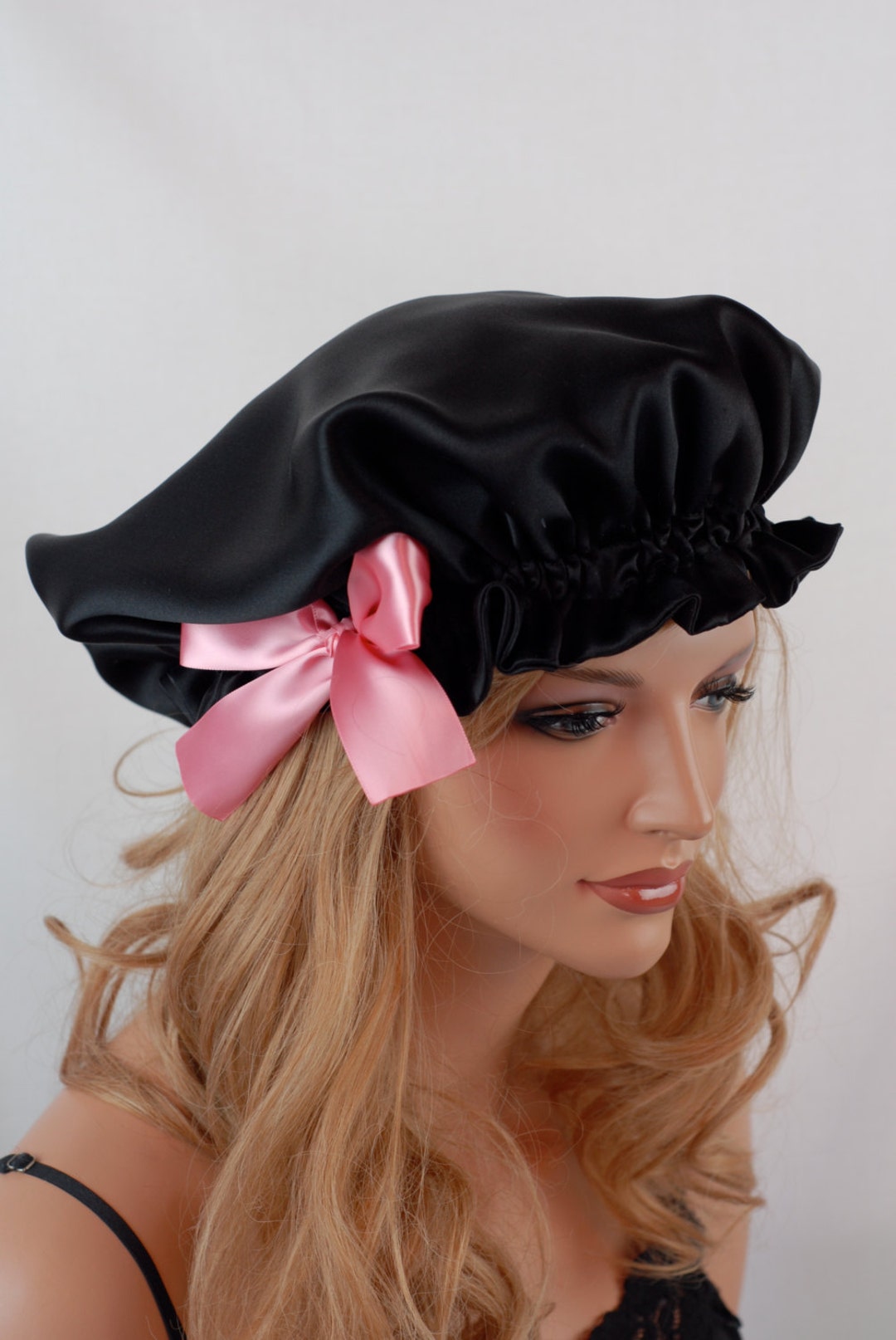 Mulberry Silk Sleep Bonnet Black Charmeuse, Fully Adjustable Sleep Cap ...