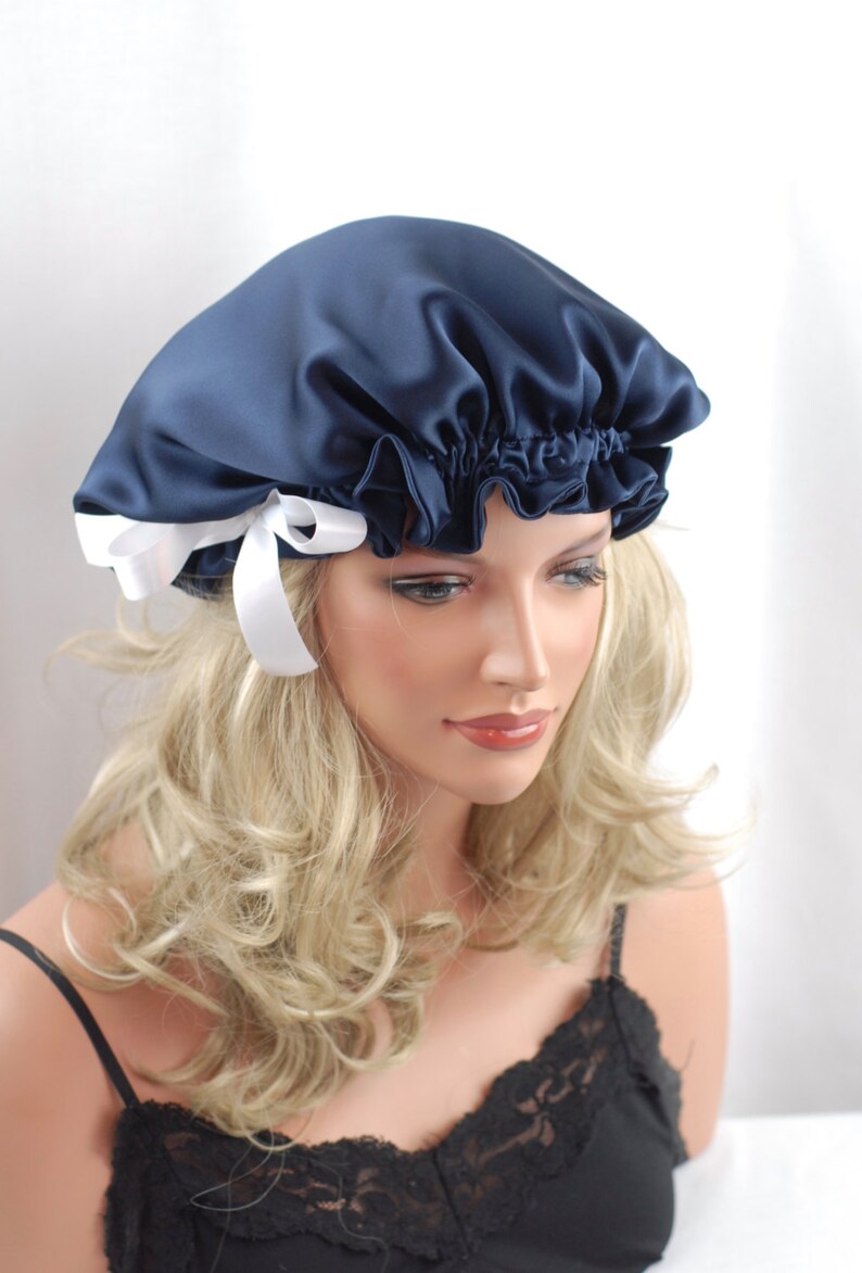 Silk Sleep Bonnet, Navy Blue Charmeuse, Fully Adjustable Bow Drawstring ...