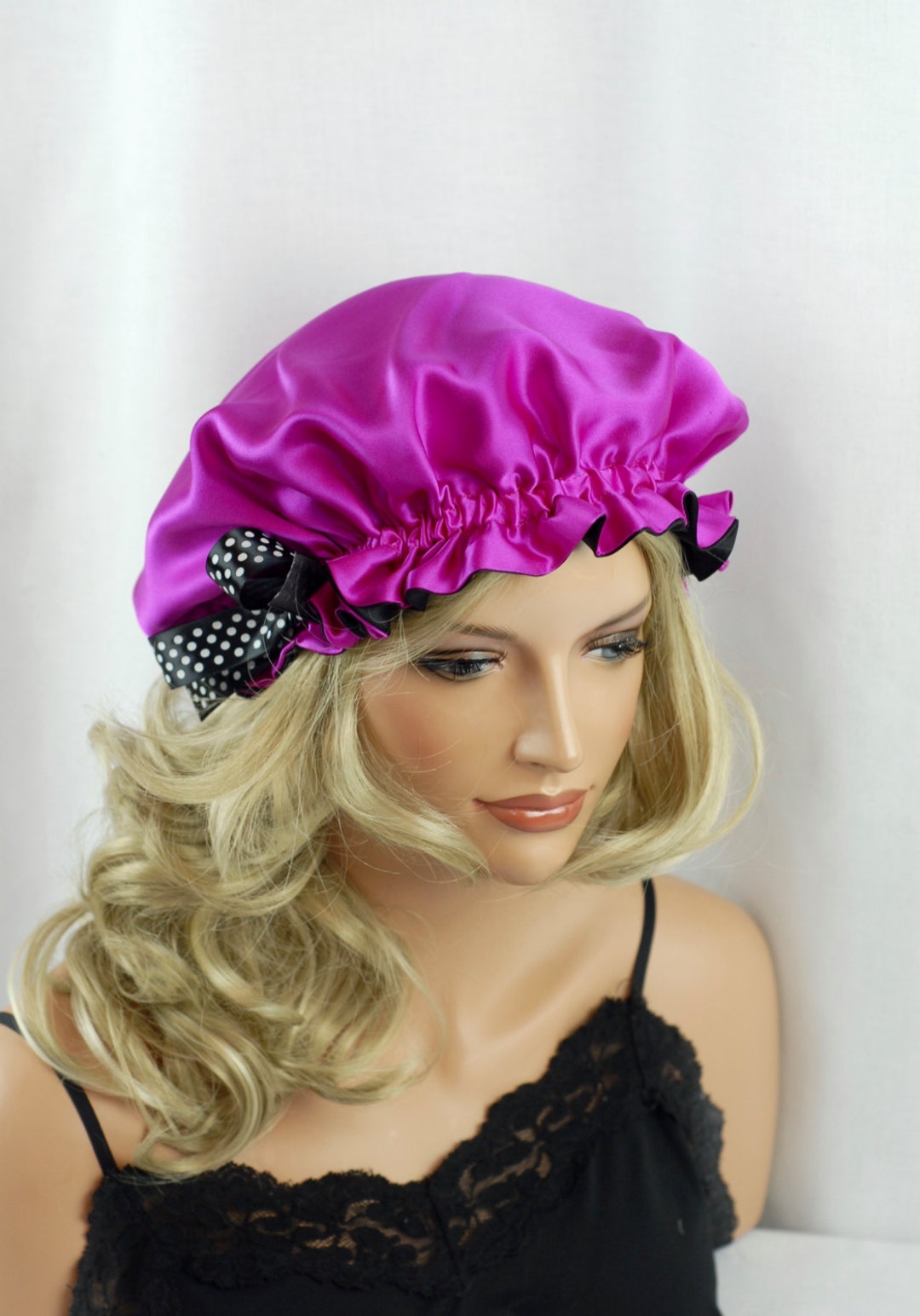 Mulberry Silk Sleep Bonnet Hot Pink and Black, Fully Adjustable Sleep ...
