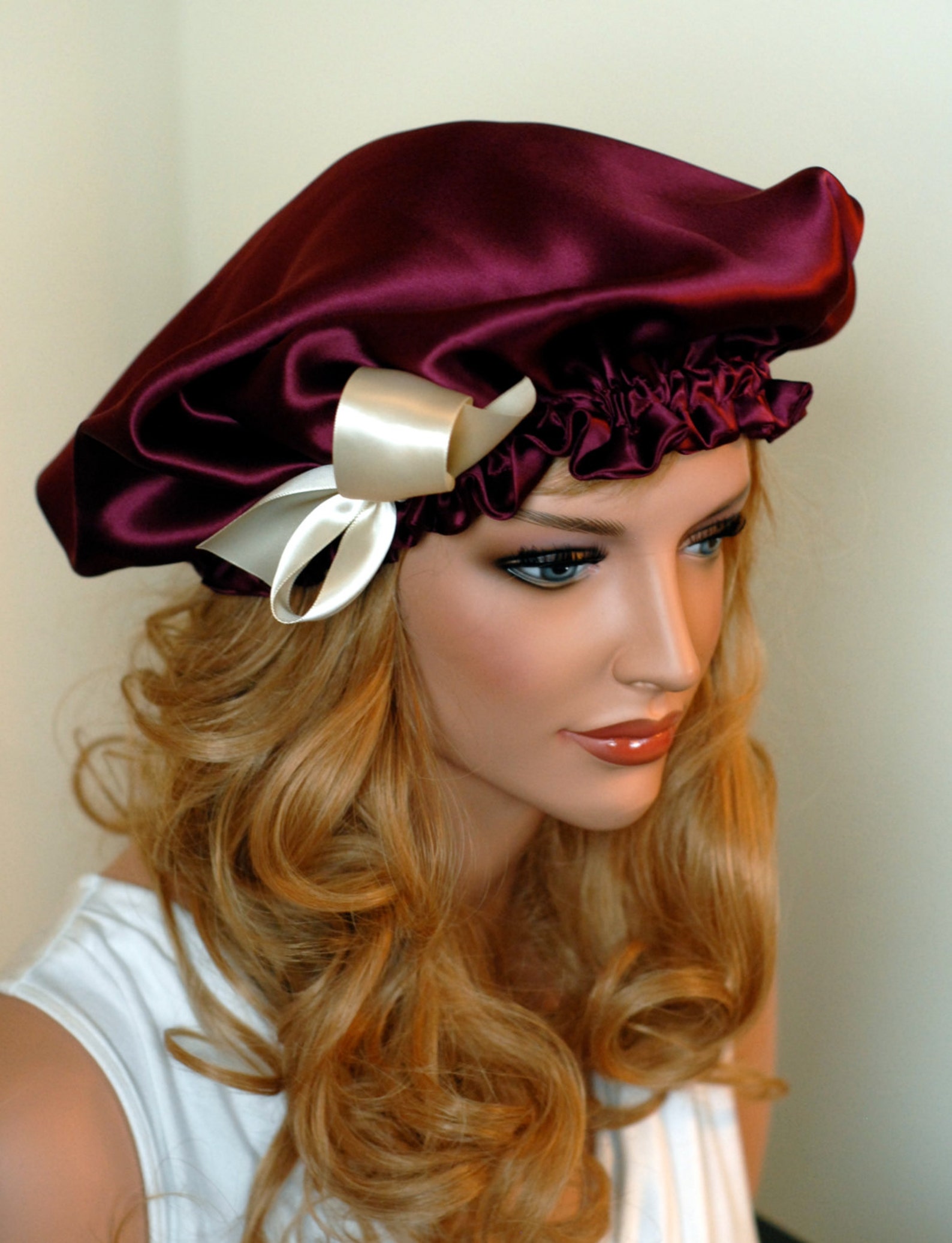 100% Pure Silk Sleep Bonnet Sleep Cap, Wine Charmeuse Silk, Adjustable ...