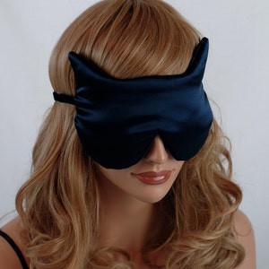 100% Silk Eye Mask Cat Sleep Mask, Navy Blue Charmeuse, Fully ...