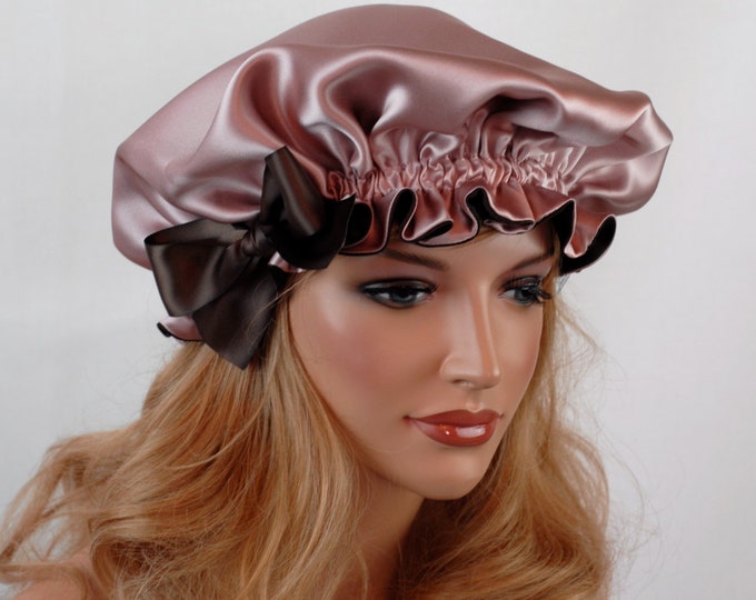 100% Silk Sleep Bonnet, Wild Rose & Espresso Charmeuse, Fully ...