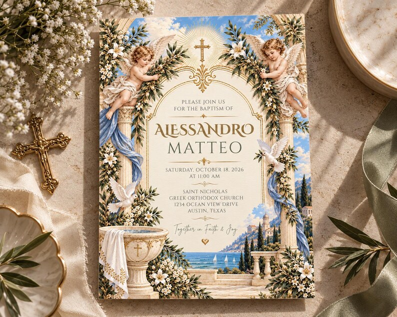 Greek Orthodox Baptism Invitation Template, Angel Cherub Boy ...