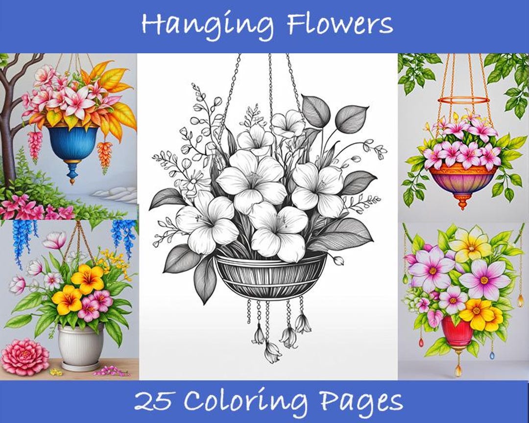 Hanging Flower Baskets Coloring Book: Grayscale Floral Designs ...