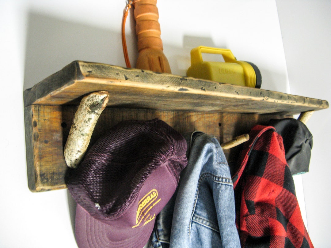 RUSTIC WALL SHELF, 30, W/ 5 Twig Peg Hooks, Coat Rack, Hat Rack, Key ...
