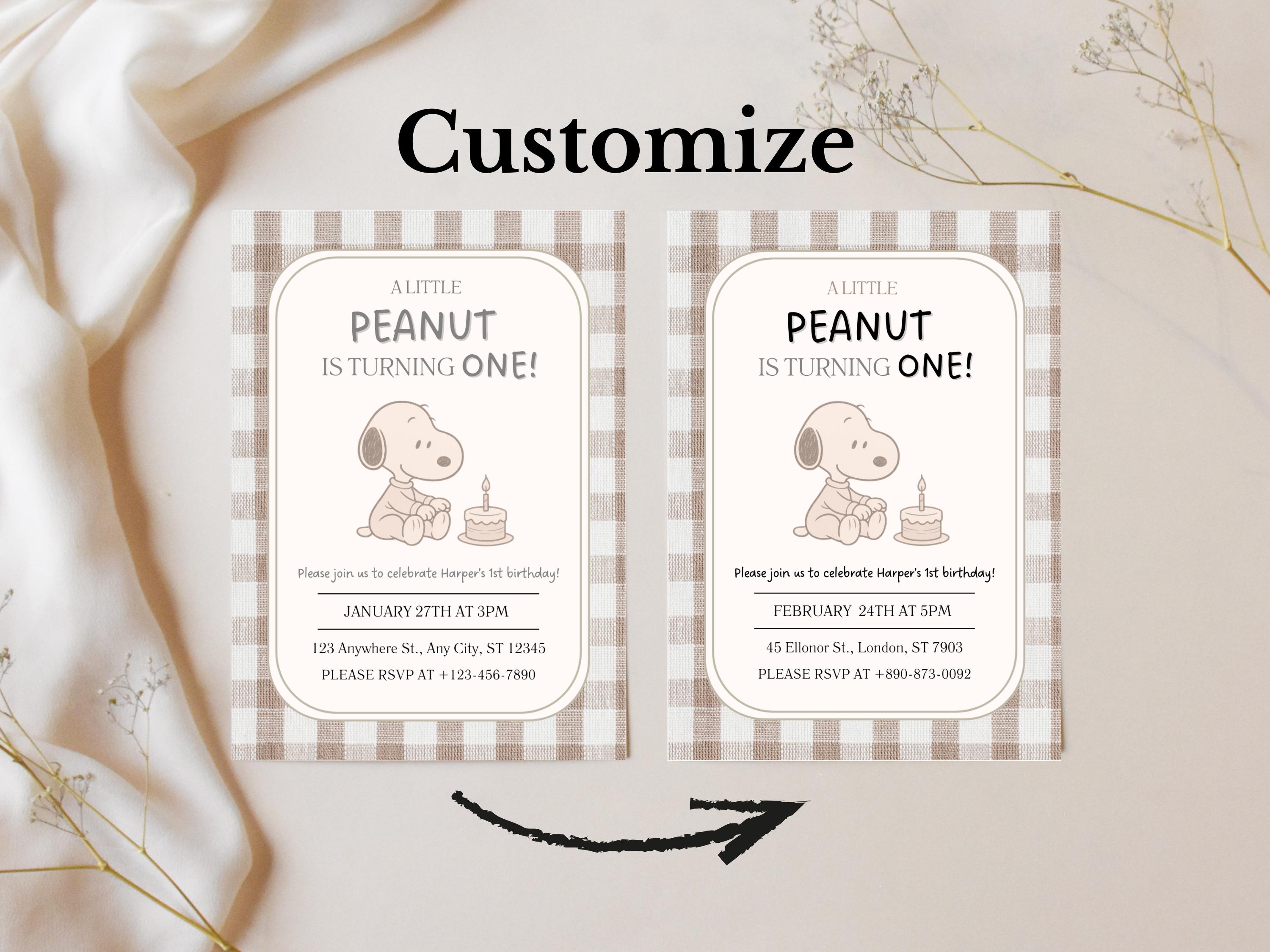 Beige Snoopy Birthday Invitation | Neutral Peanuts Gingham Template ...