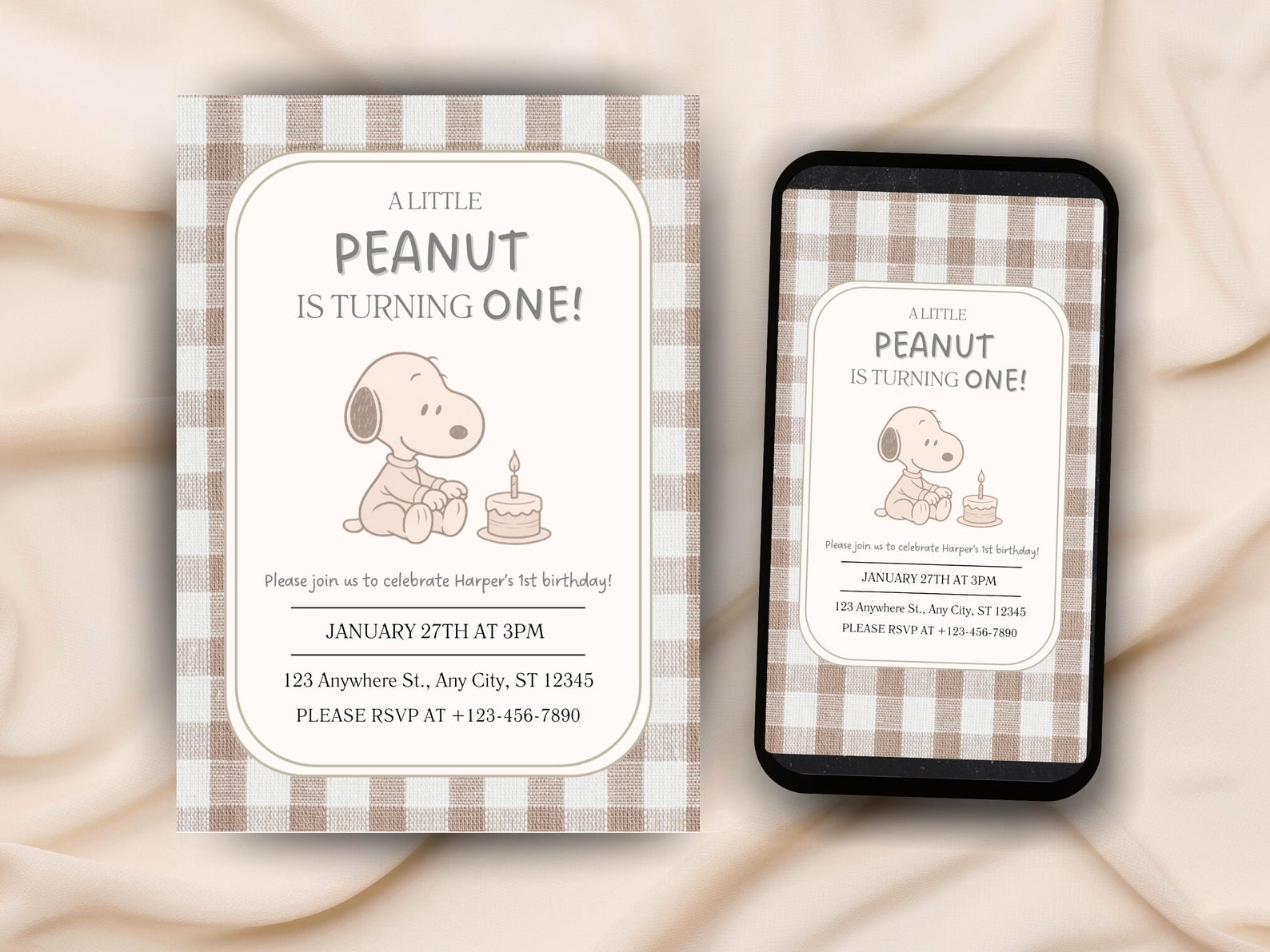 Beige Snoopy Birthday Invitation | Neutral Peanuts Gingham Template ...