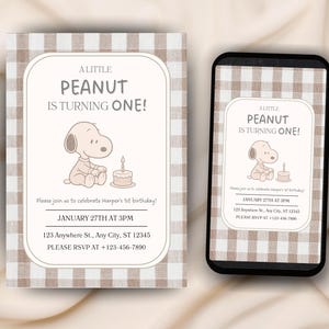 Beige Snoopy Birthday Invitation | Neutral Peanuts Gingham Template ...