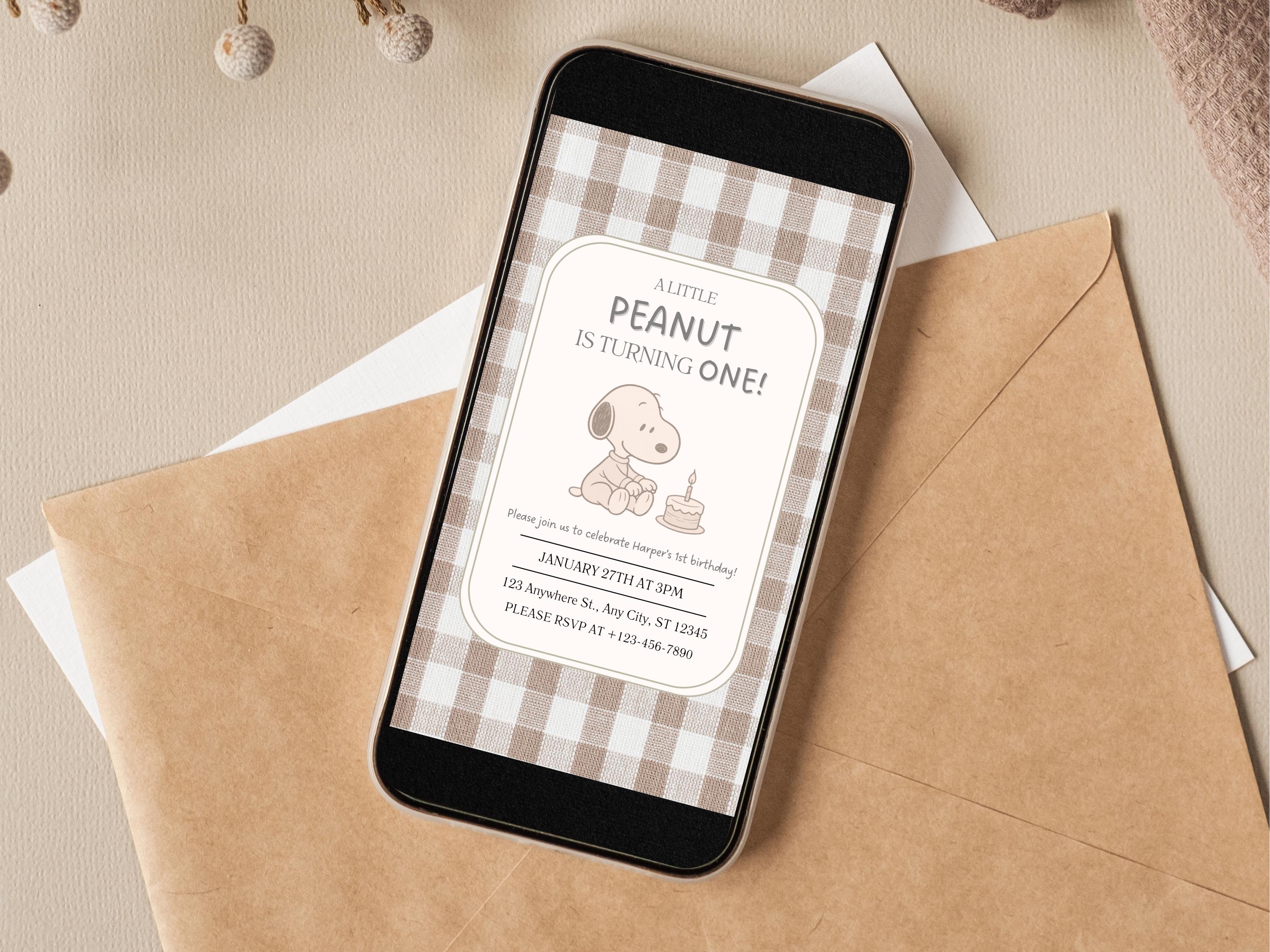 Beige Snoopy Birthday Invitation | Neutral Peanuts Gingham Template ...