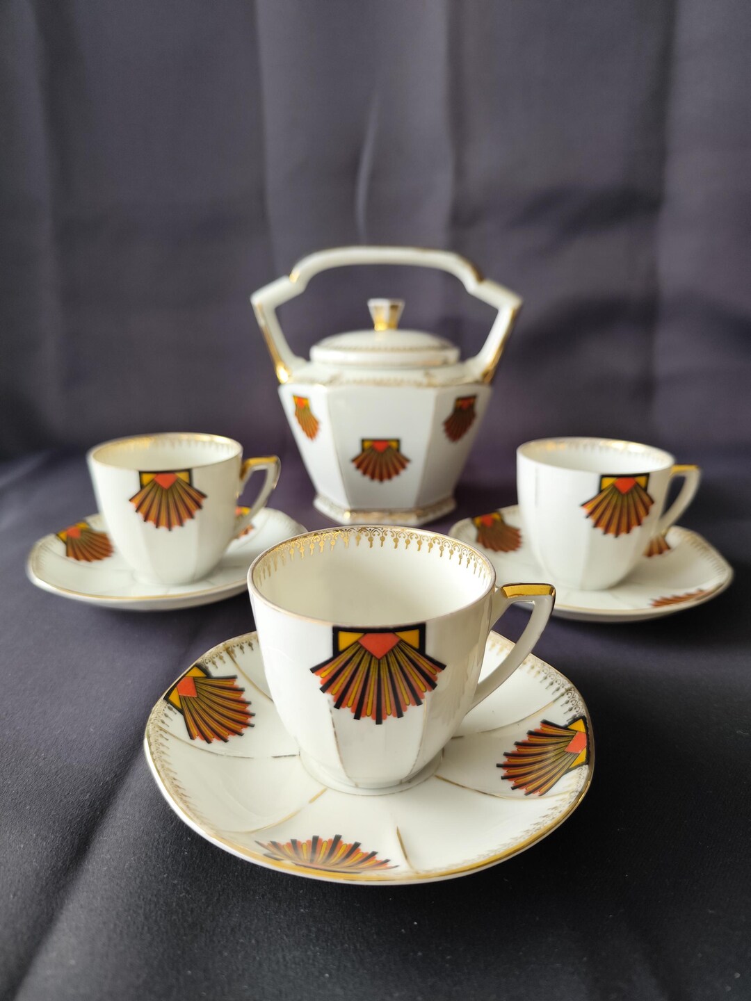 Art Deco Bohemian Coffee Set Victoria China Czechoslovakia – 3 Cups and ...