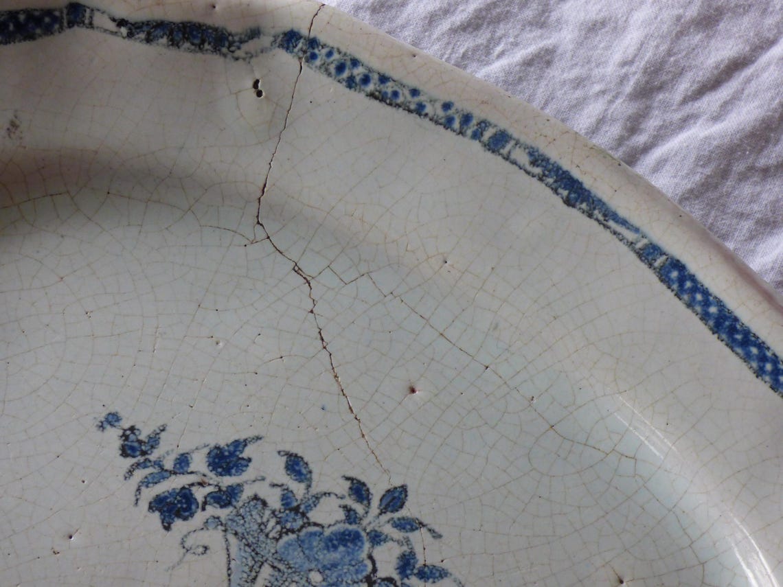 Large Antique French Faience Bowl, Hand Painted Floral Rustic Pottery ...