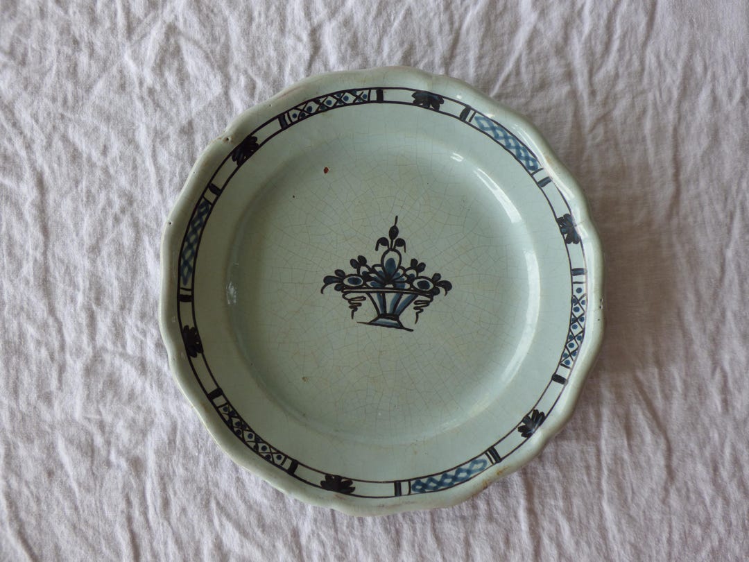 Antique French Pottery Plate, Blue Floral Basket, Rustic Faience Dish ...