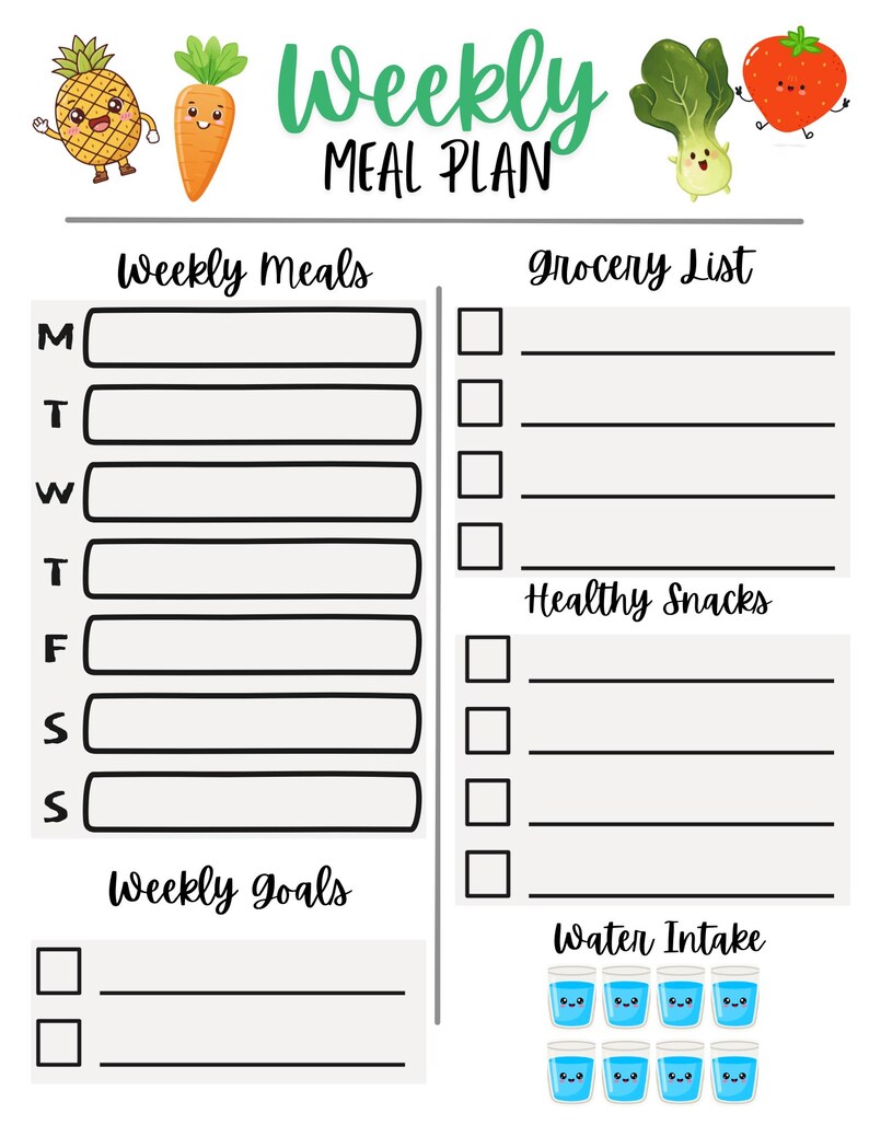 Minimalist Weekly Meal Planner Printable, Grocery List, Water Tracker ...