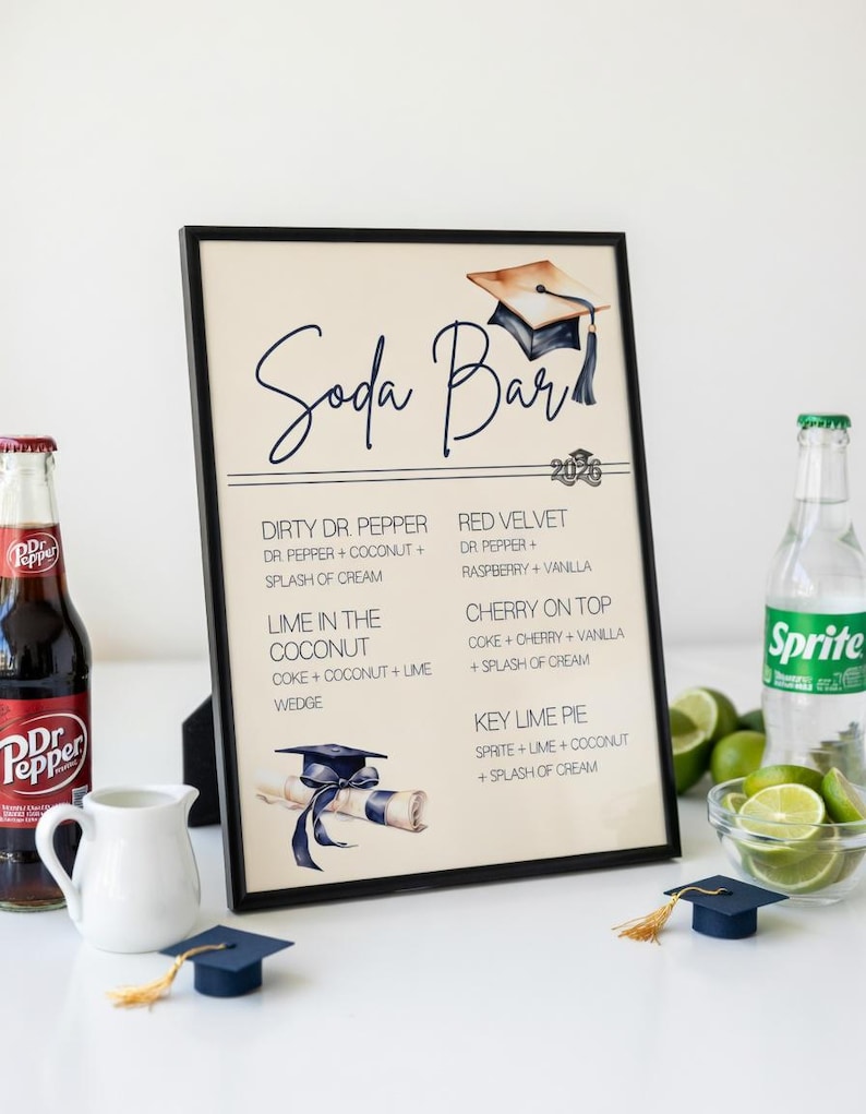Graduation Soda Bar Schild, Klasse von 2026 Dirty Soda Station Menü ...