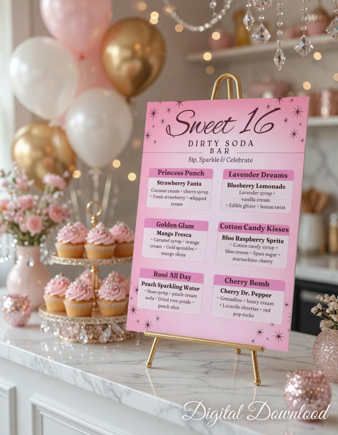 Sweet 16 Pink Mocktail Menu Template, Birthday Party Drink Sign ...