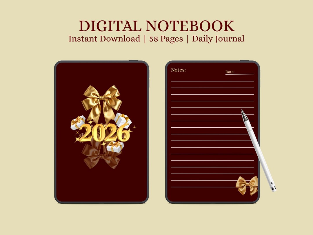 Printable 2026 Digital Notebook, New Year Journal, Printable PDF, 58 ...