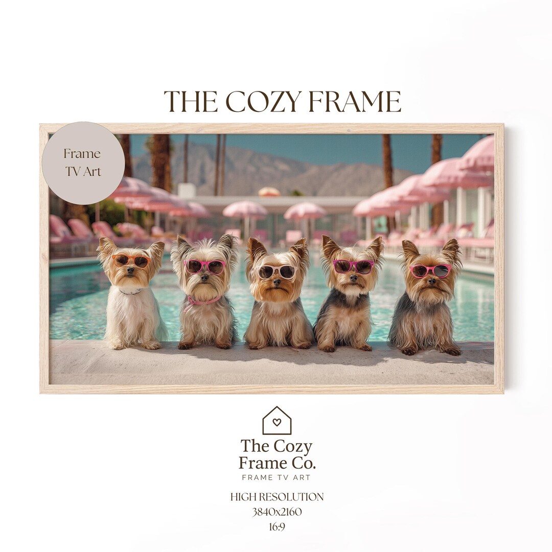 Yorkie Poolside Art, Retro Miami Dog Print, Samsung Frame TV (digital ...