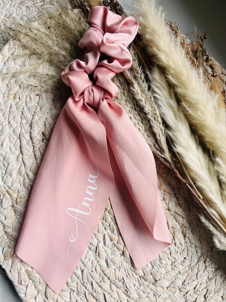 Personalized Floral Scrunchie, Bow Tail, Custom Name Hair Accessory ...