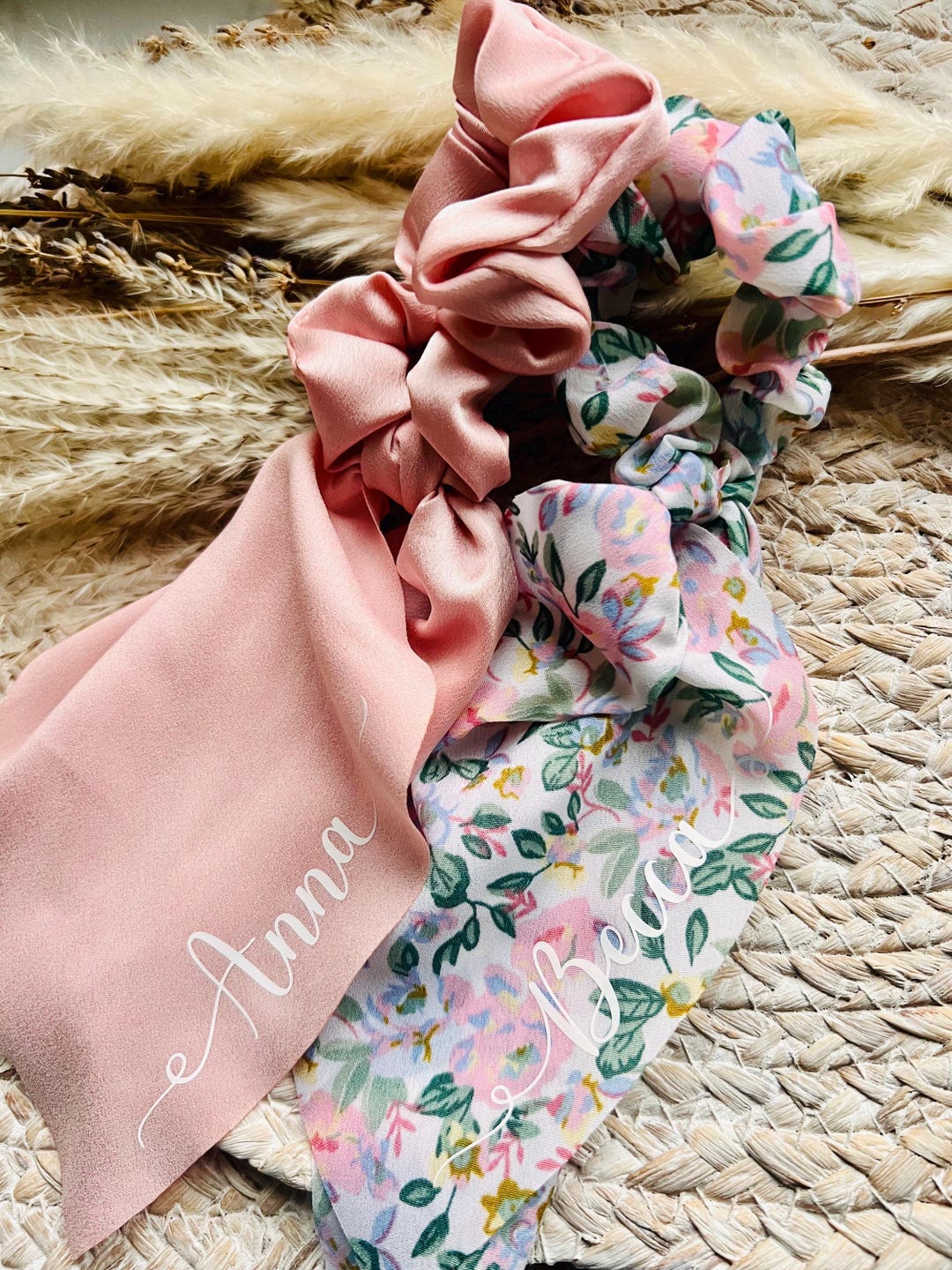 Personalized Floral Scrunchie, Bow Tail, Custom Name Hair Accessory ...