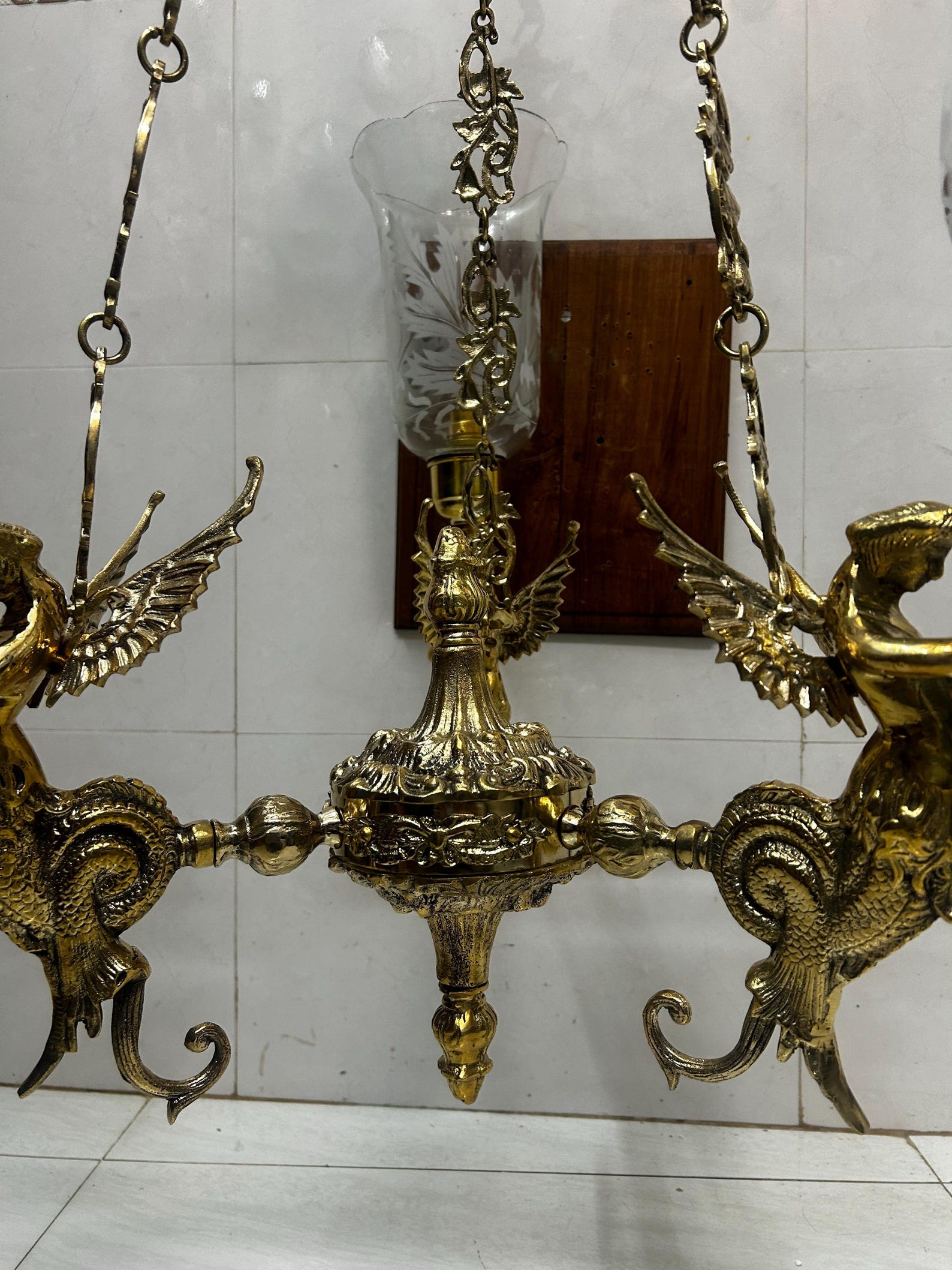 Rare Vintage Victorian Brass Mermaid Chandelier With Cut Glass ...