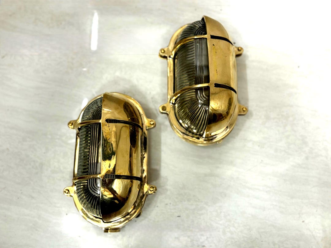 Set of Two Antique Brass Oval Bulkhead Cover Lights | IP64 Waterproof ...
