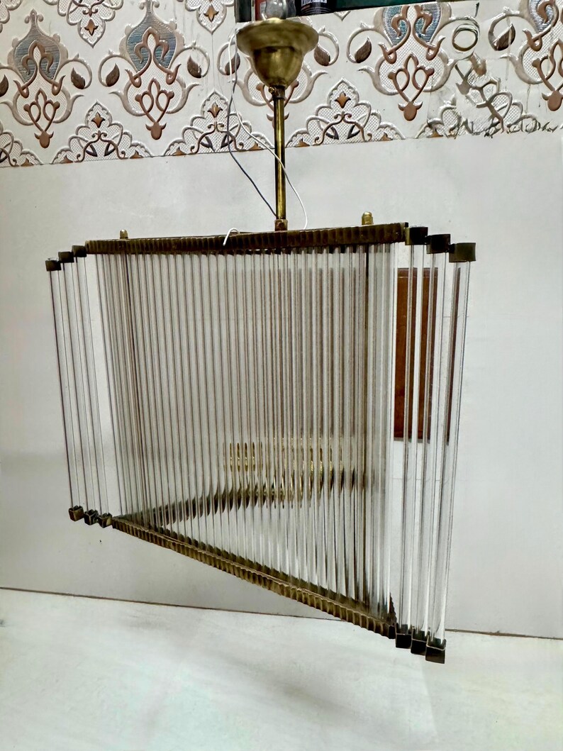 Skyscraper Art Deco Brass Glass Rod Chandelier | Vintage Triangle ...