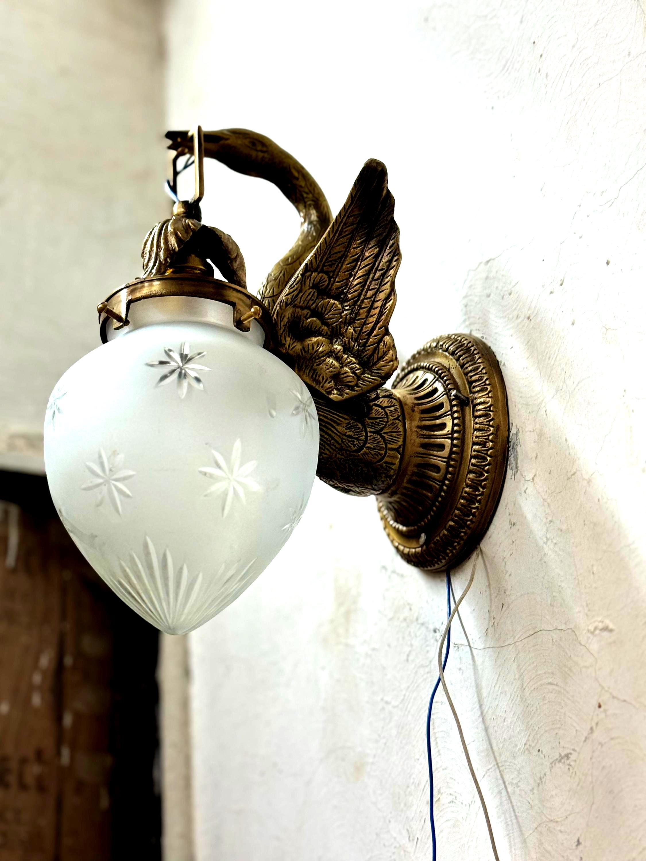 Vintage Art Nouveau Swan Wall Sconce | Brass Antique Lamp With Star ...