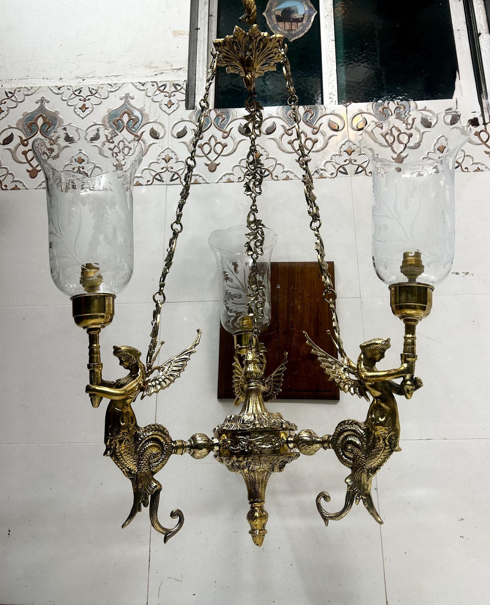 Rare Vintage Victorian Brass Mermaid Chandelier With Cut Glass ...