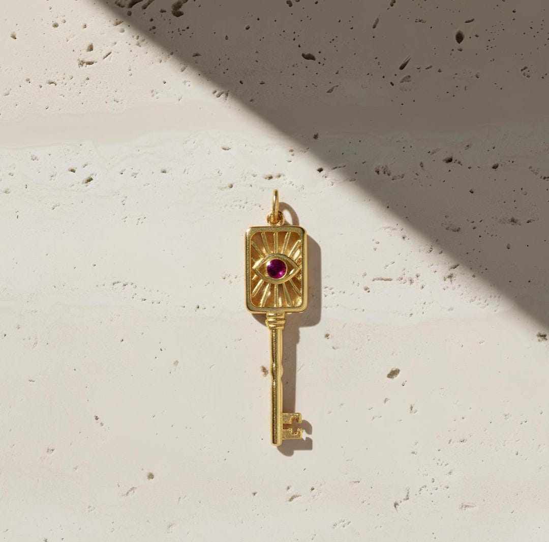 Ruby Center Gold Key Pendant With Evil Eye Design - Etsy