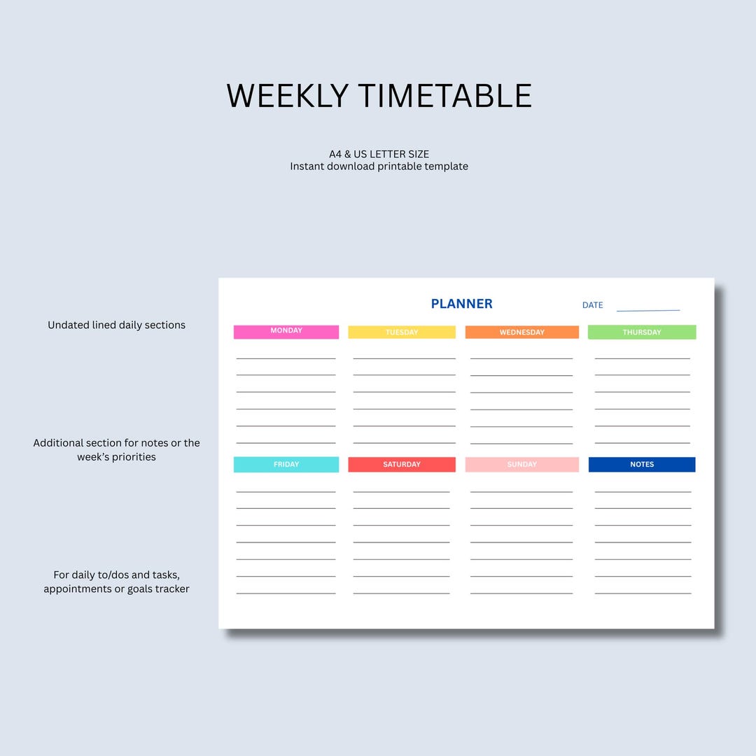 Weekly Printable Planner PDF Template for Timetables, To-do Lists ...