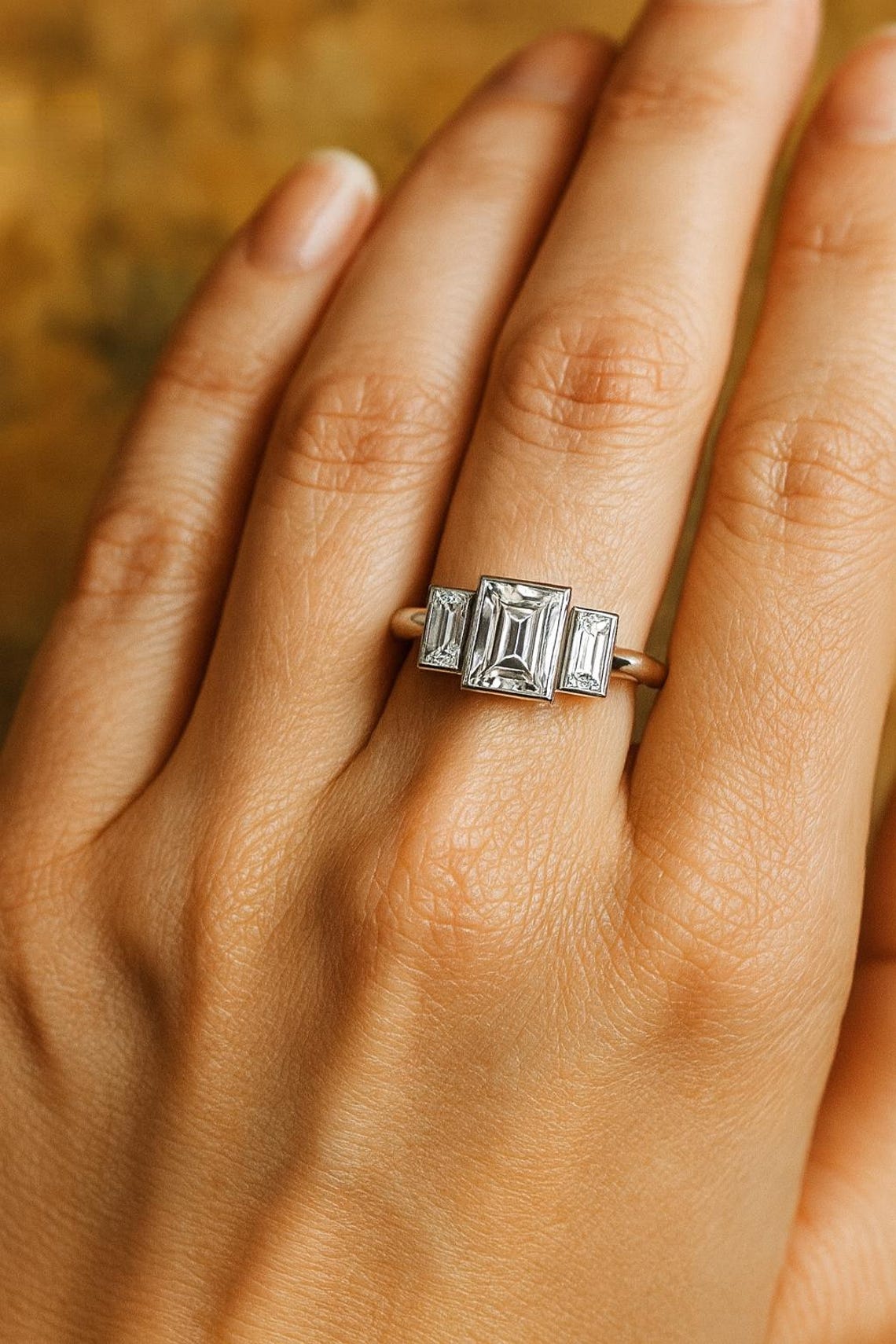 Moissanite Sterling Silver Solitaire Ring, Rectangle Shape Triple Stone ...
